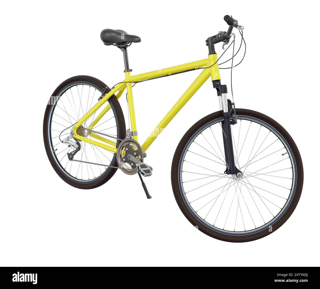 Yellow bicycle standing on kickstand, front side view isolated on white ...