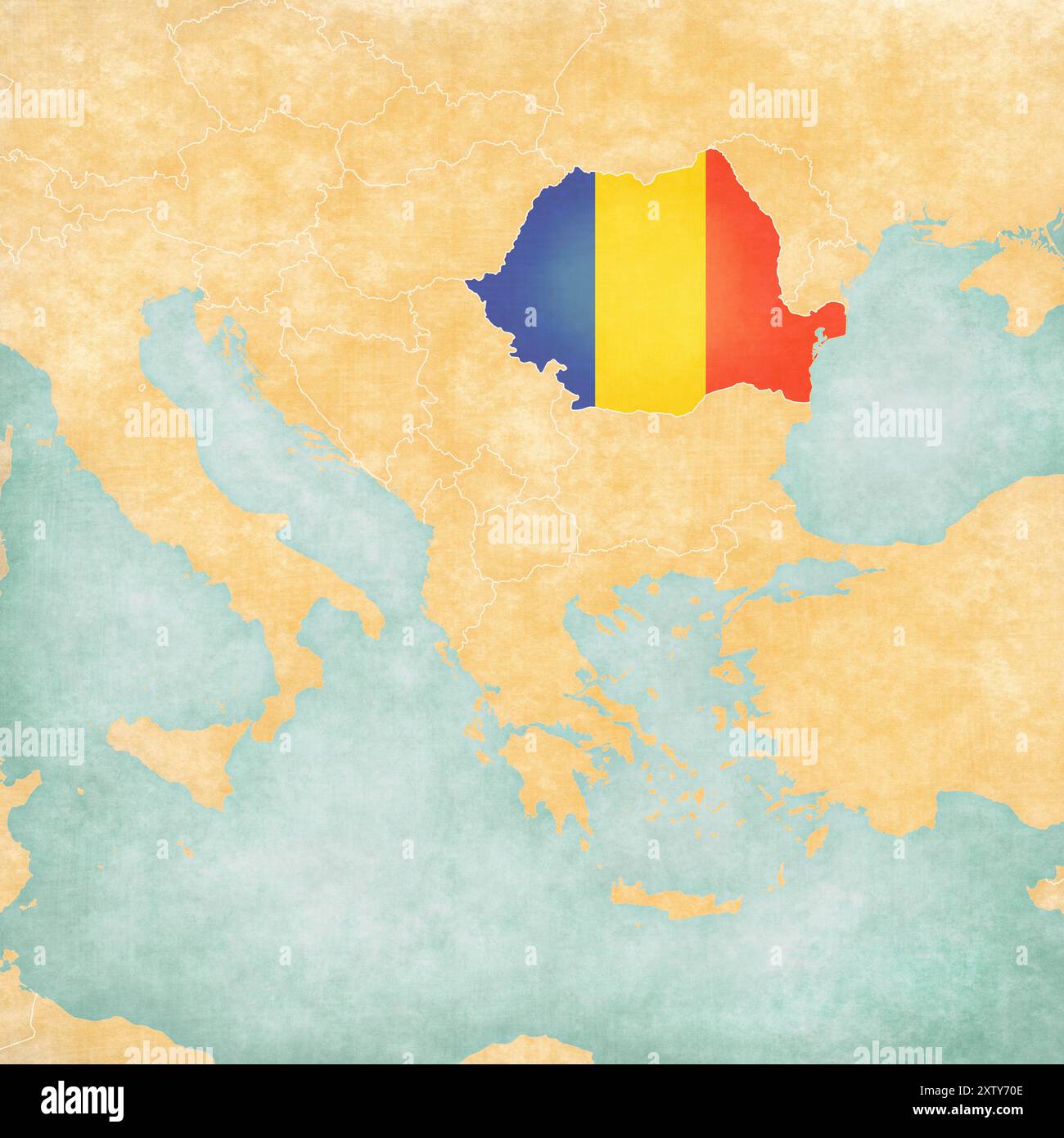 Romania colored with the flag on the map of Balkans in soft grunge and ...