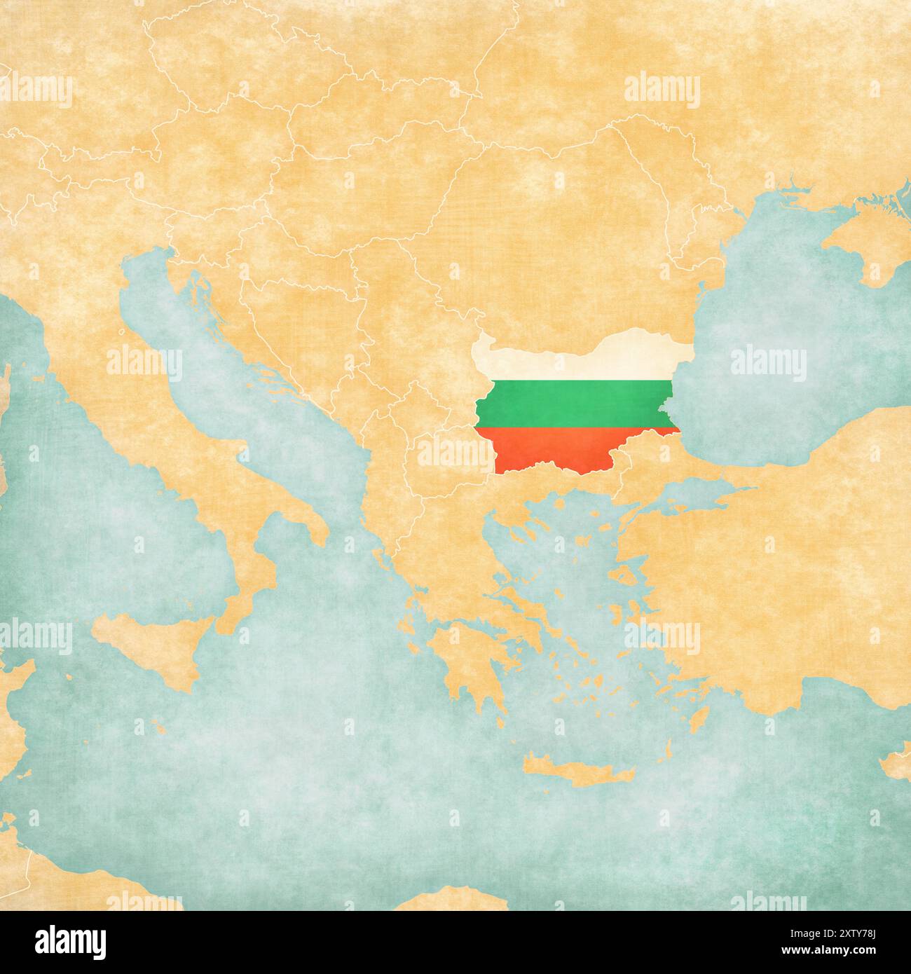 Bulgaria colored with the flag on the map of Balkans in soft grunge and vintage style, like old ...