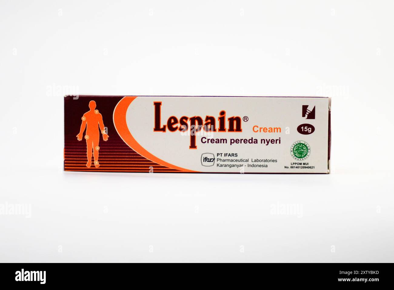 Close up a box of Lespain Cream pain relieving ointment isolated on ...