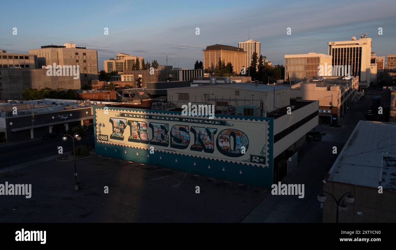 Fresno, California, USA - April 18, 2023: Sunset light shines on the ...