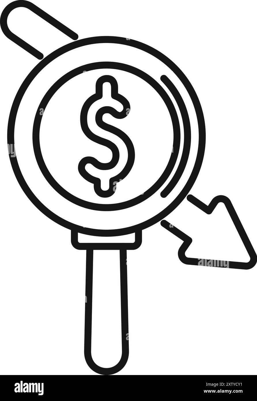 Magnifying glass is focusing on a dollar sign as an arrow points down indicating a decrease in ...
