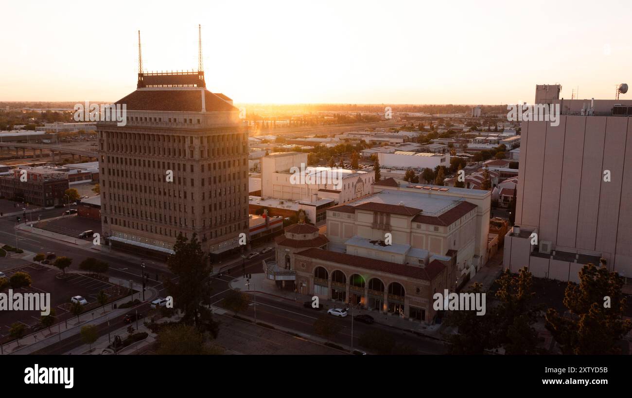 Fresno, California, USA - April 18, 2023: Sunset light shines on the ...