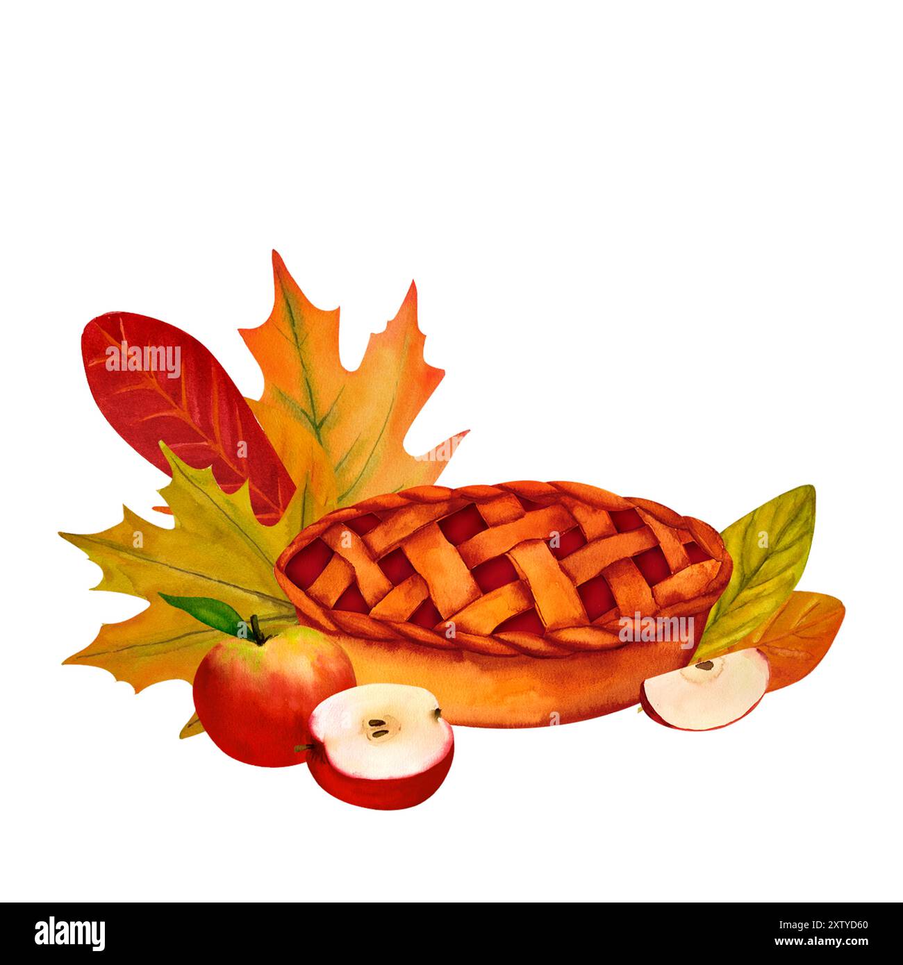 Apple baked pie and autumn leaves clip art, watercolor realistic ...