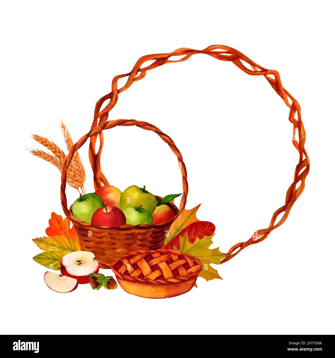 Apple baked pie and autumn leaves clip art, watercolor realistic ...
