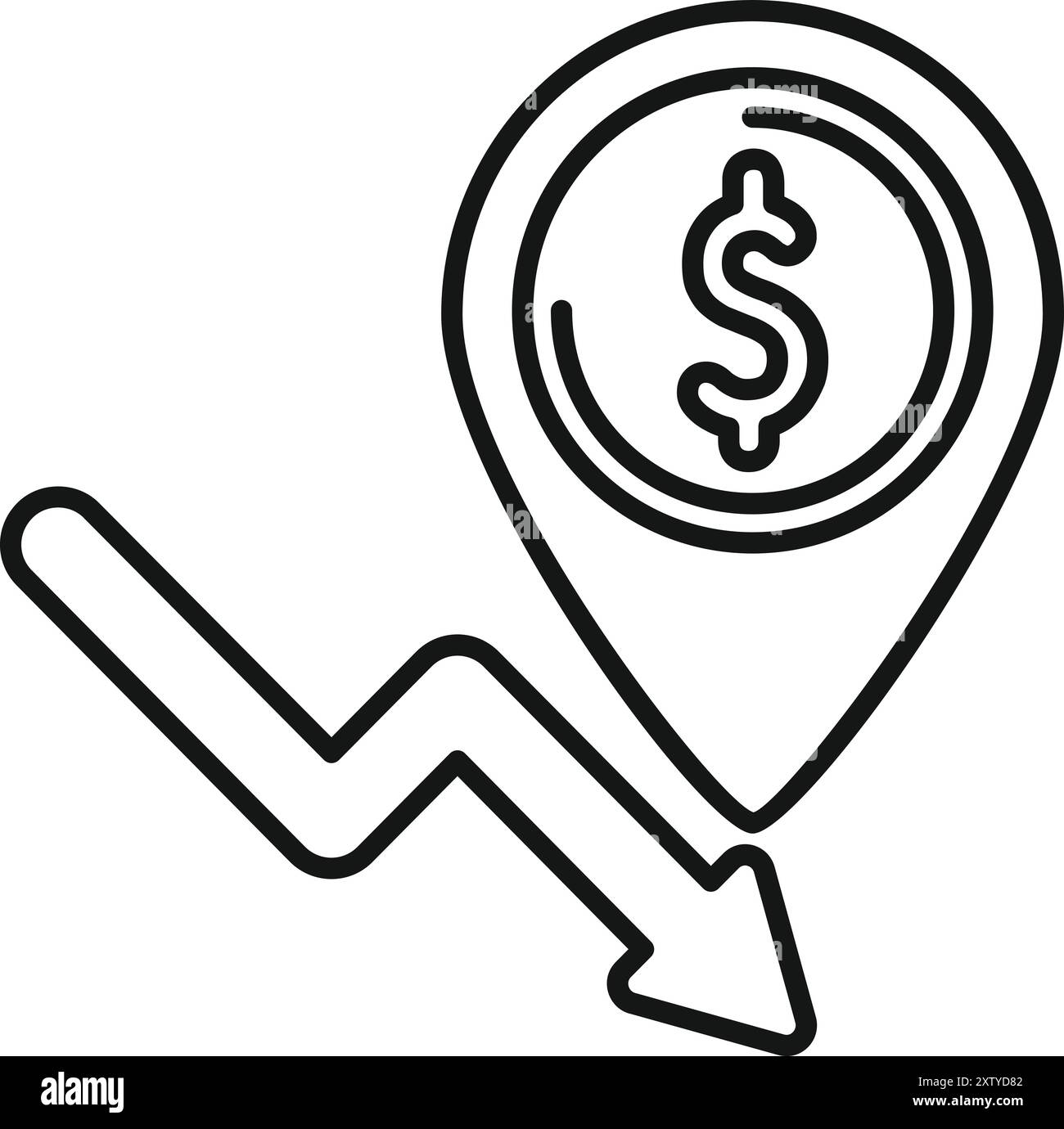 Line art icon of a dollar sign inside a map pointer with a downward trending arrow, representing ...