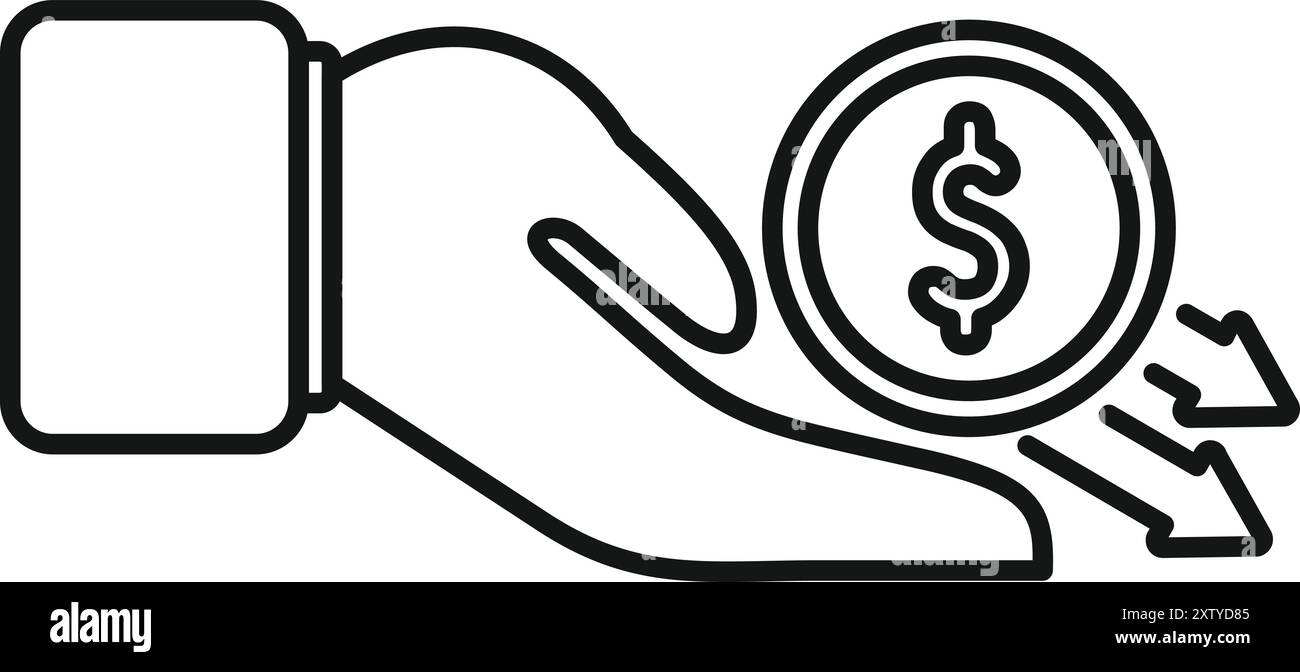 Line art vector icon of a hand holding a dollar coin with three arrows ...