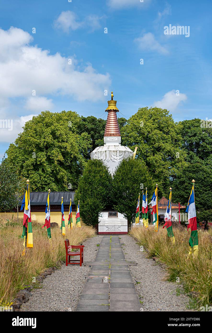 Landscape photography of pathway and Victory Stupa, garden; wooden ...