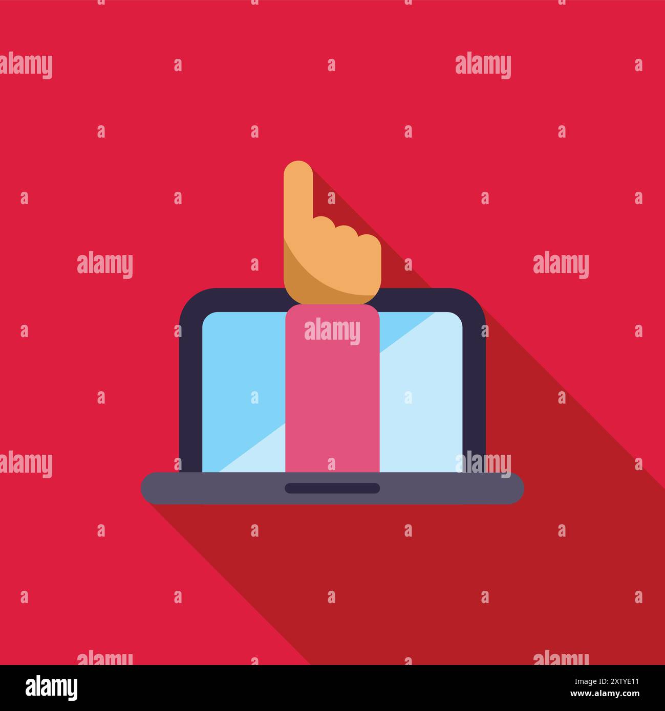 Hand is pointing up from a laptop screen on a red background with a ...