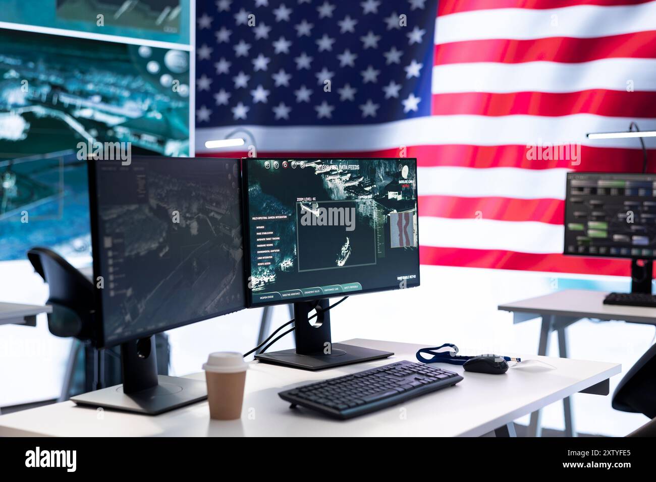 Empty monitoring room with an American flag protecting classified ...