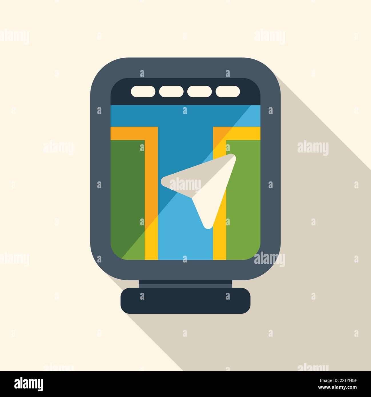 Gps navigation system showing location on screen with map and cursor icon in flat design style ...
