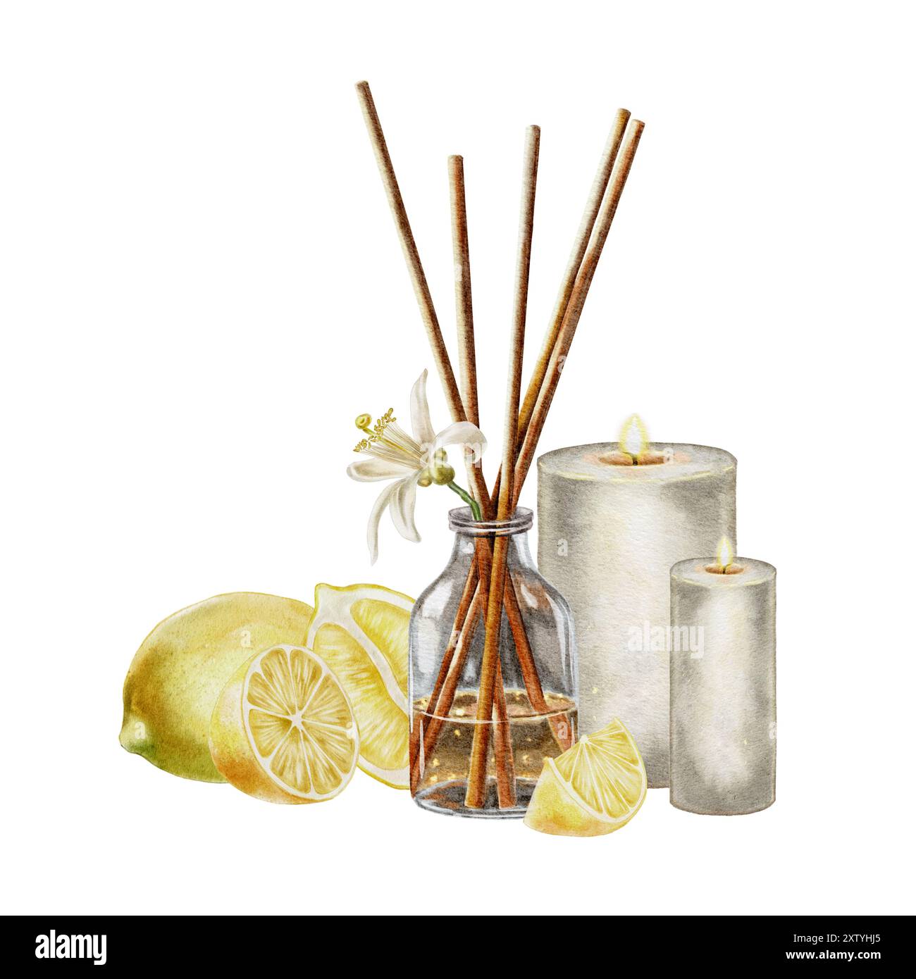 Lemons, candles and aroma diffuser watercolor illustration Stock Photo ...