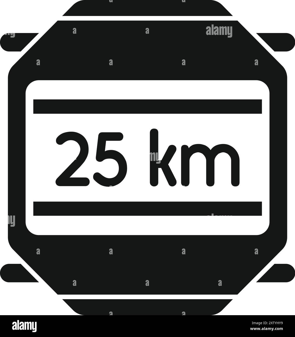 Black simple icon of a smartwatch showing 25 kilometers on the screen ...