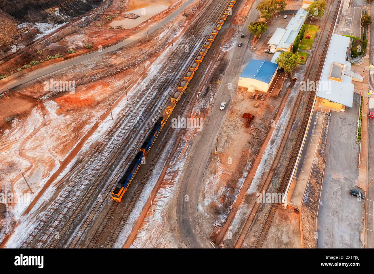 Broken Hill mining city central train station and railways with freight ...