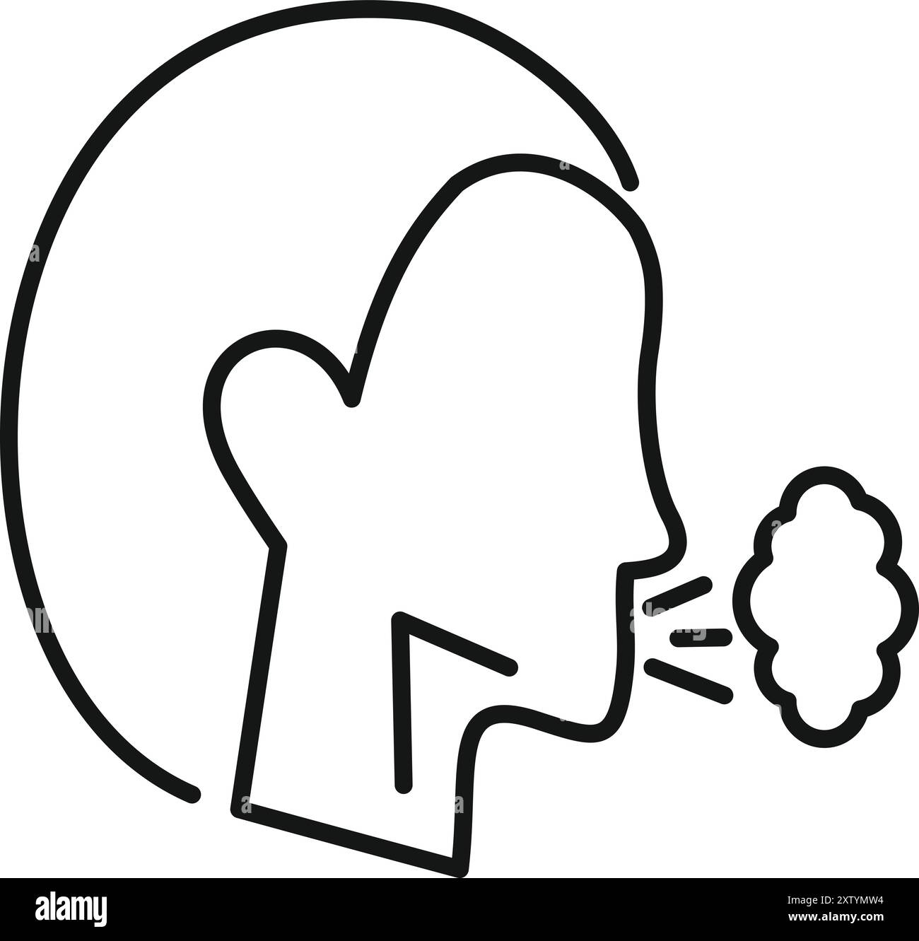 Simple black and white line drawing of a human head profile exhaling ...