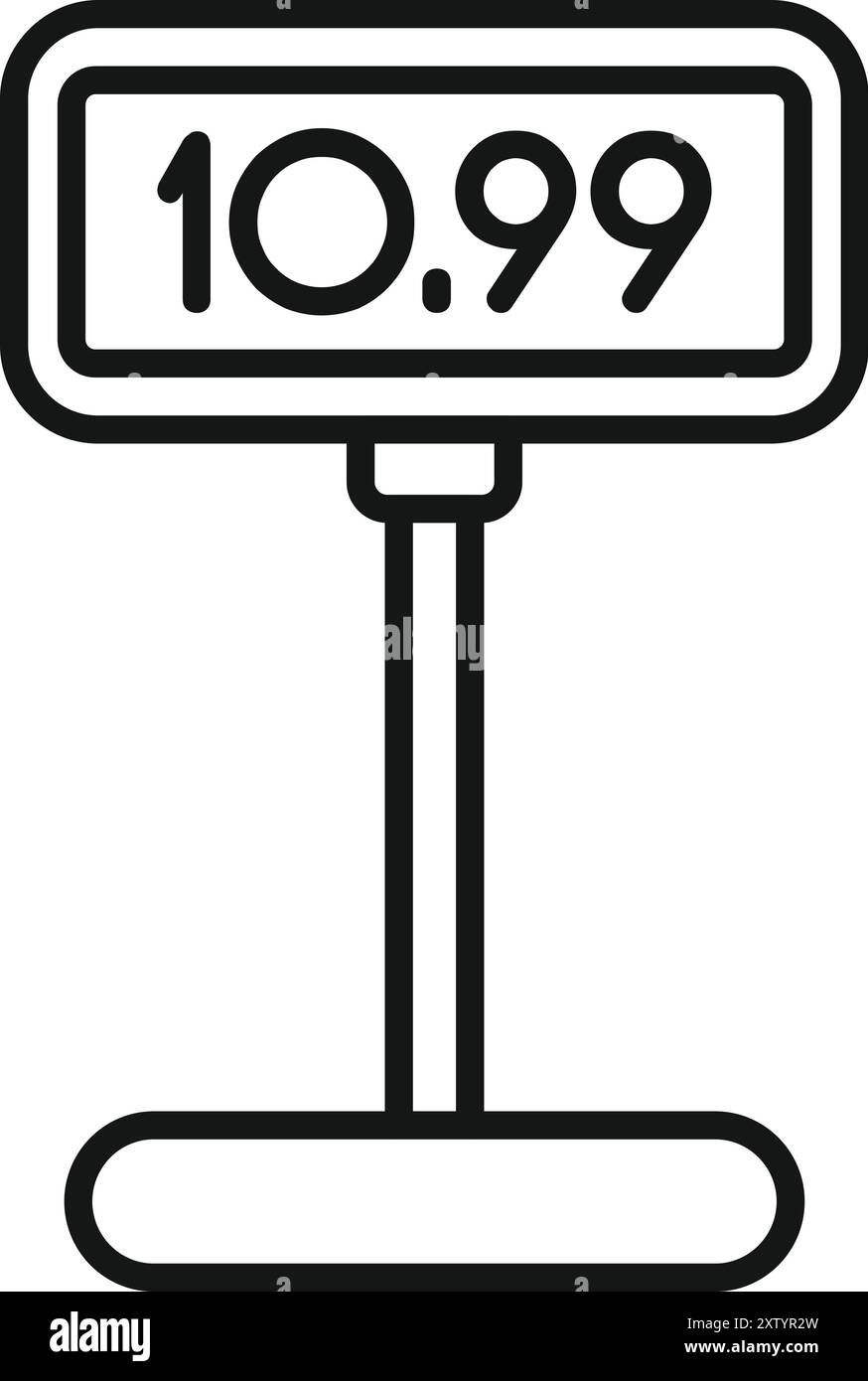 Simple black and white icon of a price tag showing 10.99 dollars ...