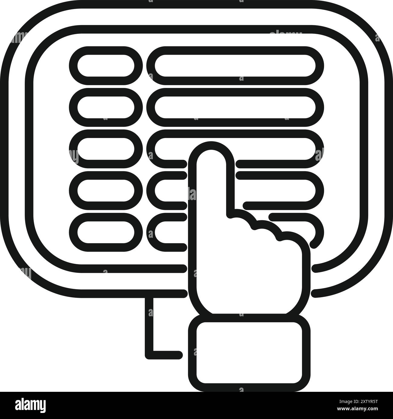 Line drawing of a businessman's hand pressing a button on a control ...
