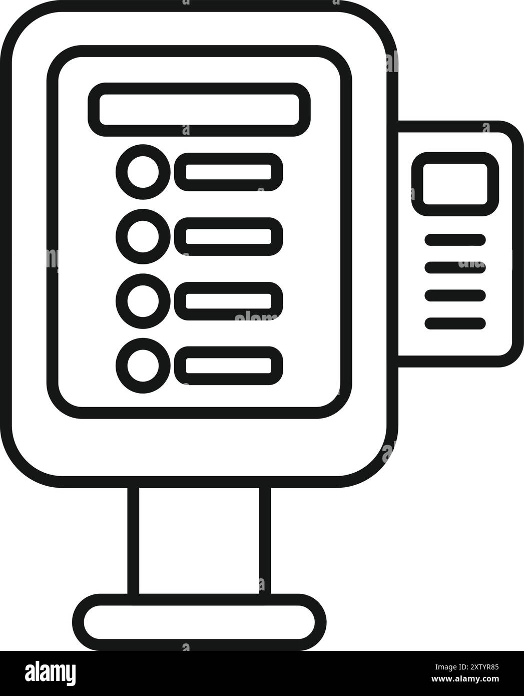 Simple black and white vector illustration of a self service ordering kiosk with a card reader ...
