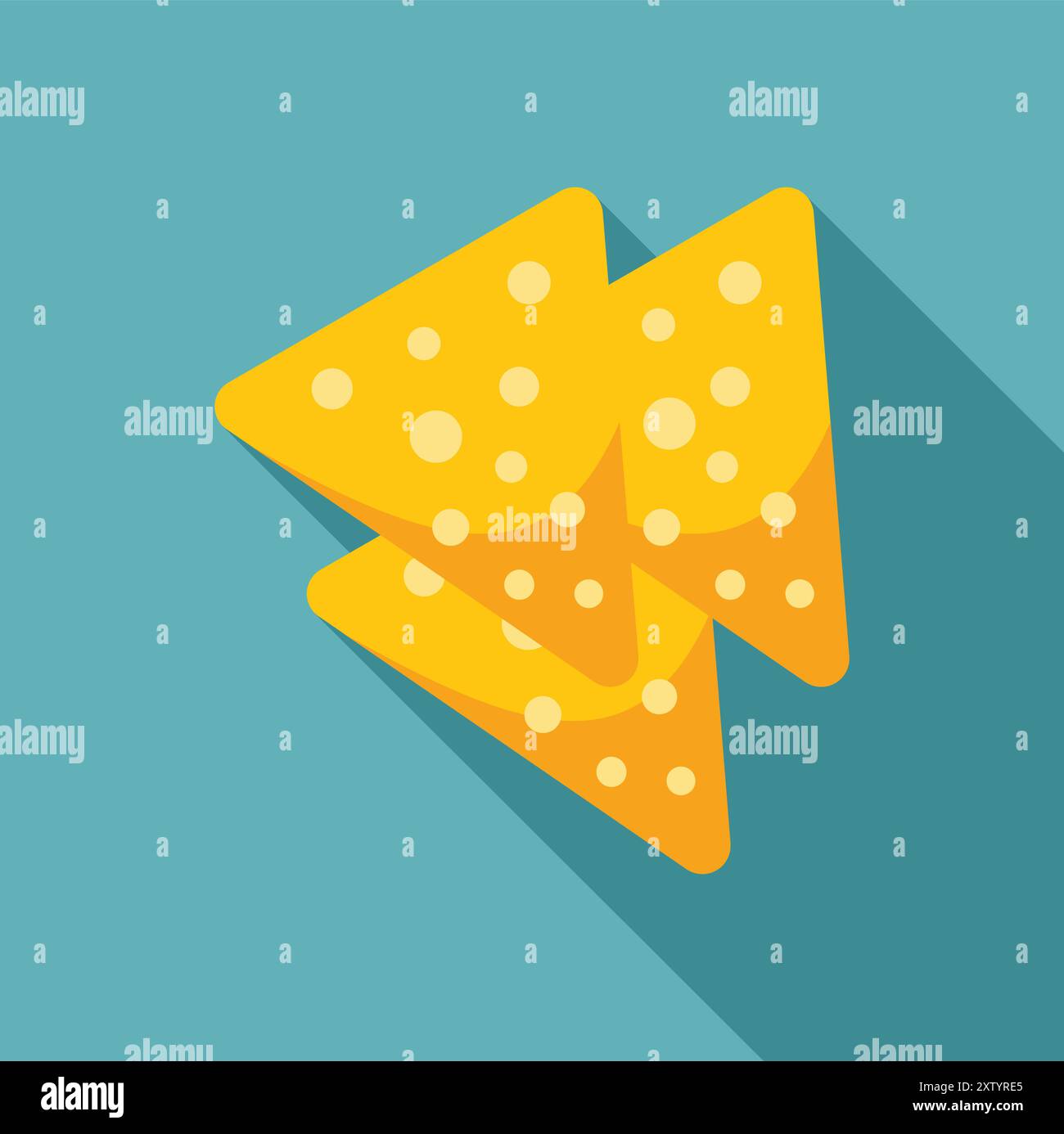 Two crunchy corn tortilla chips are overlapping, forming a tasty snack ...