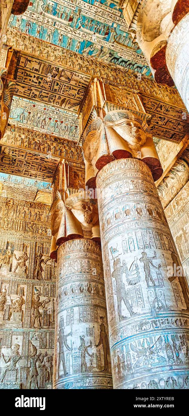 Magnificent soaring columns topped by faces of Hathor and vibrant ...
