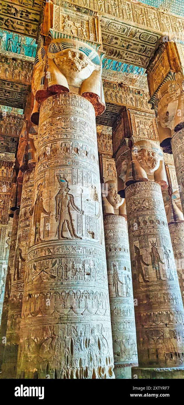 Superb soaring columns topped by four-faced Hathor Heads and vibrant ...