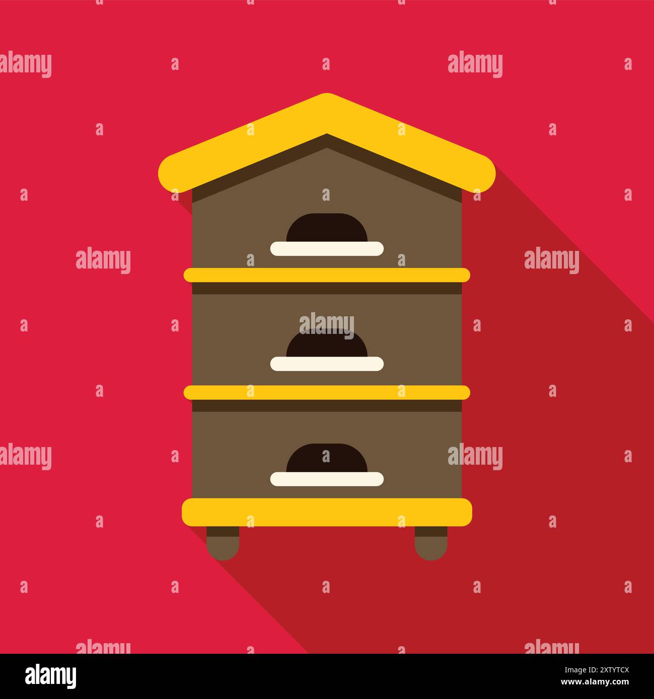 Wooden beehive structure with round entrances standing on red ...