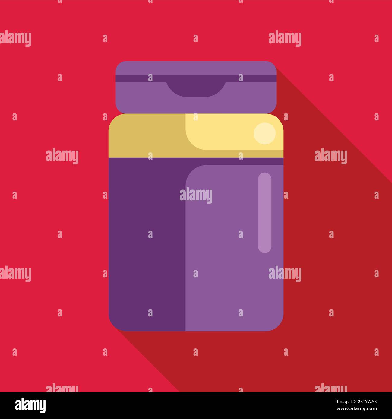 Purple plastic jar with yellow lid closed, casting a shadow on a red ...