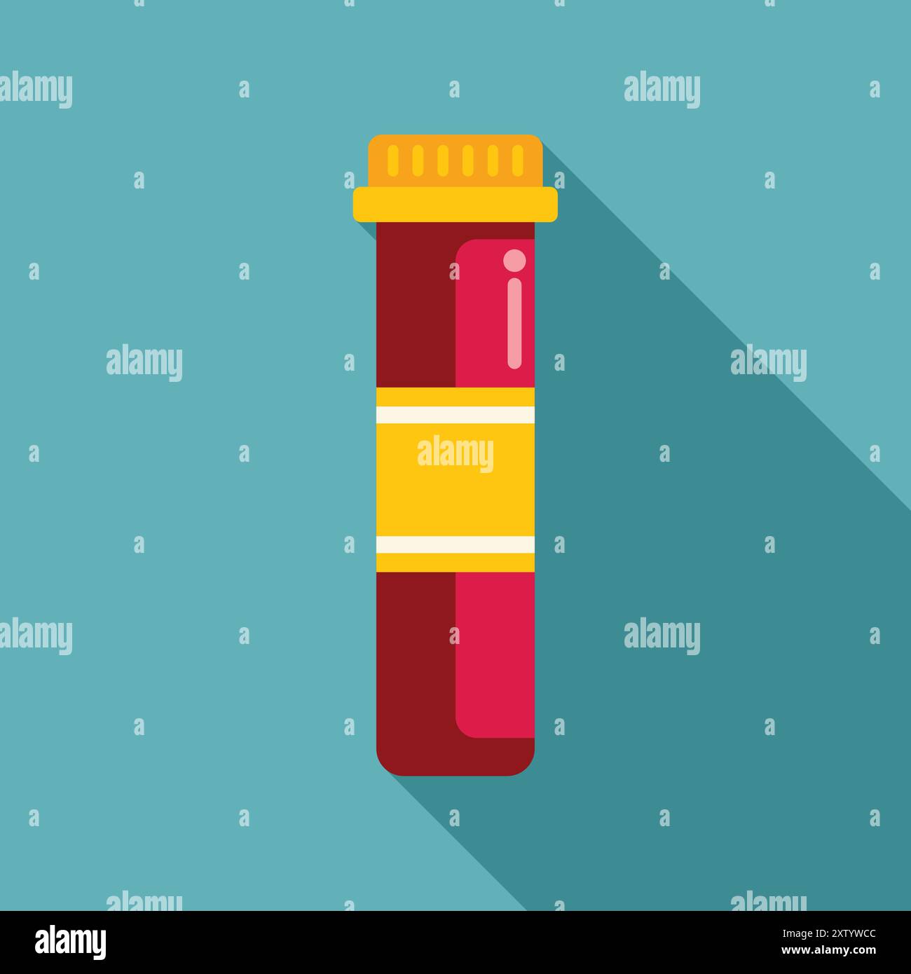Medical test tube containing red liquid and featuring a yellow label ...