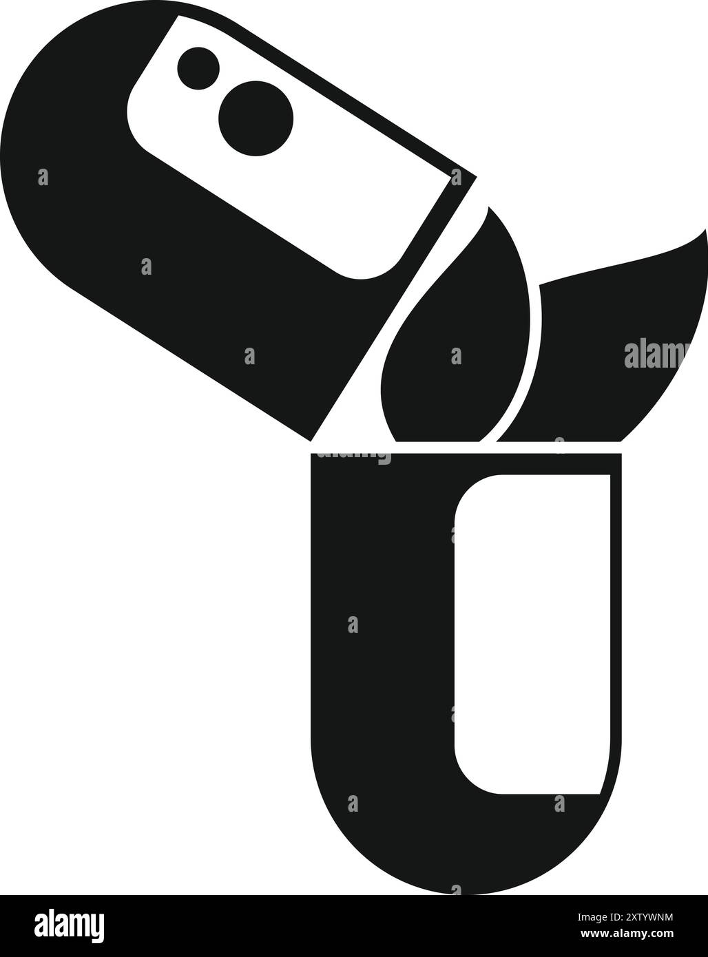 Simple black icon of an open pill capsule with medicine coming out of ...