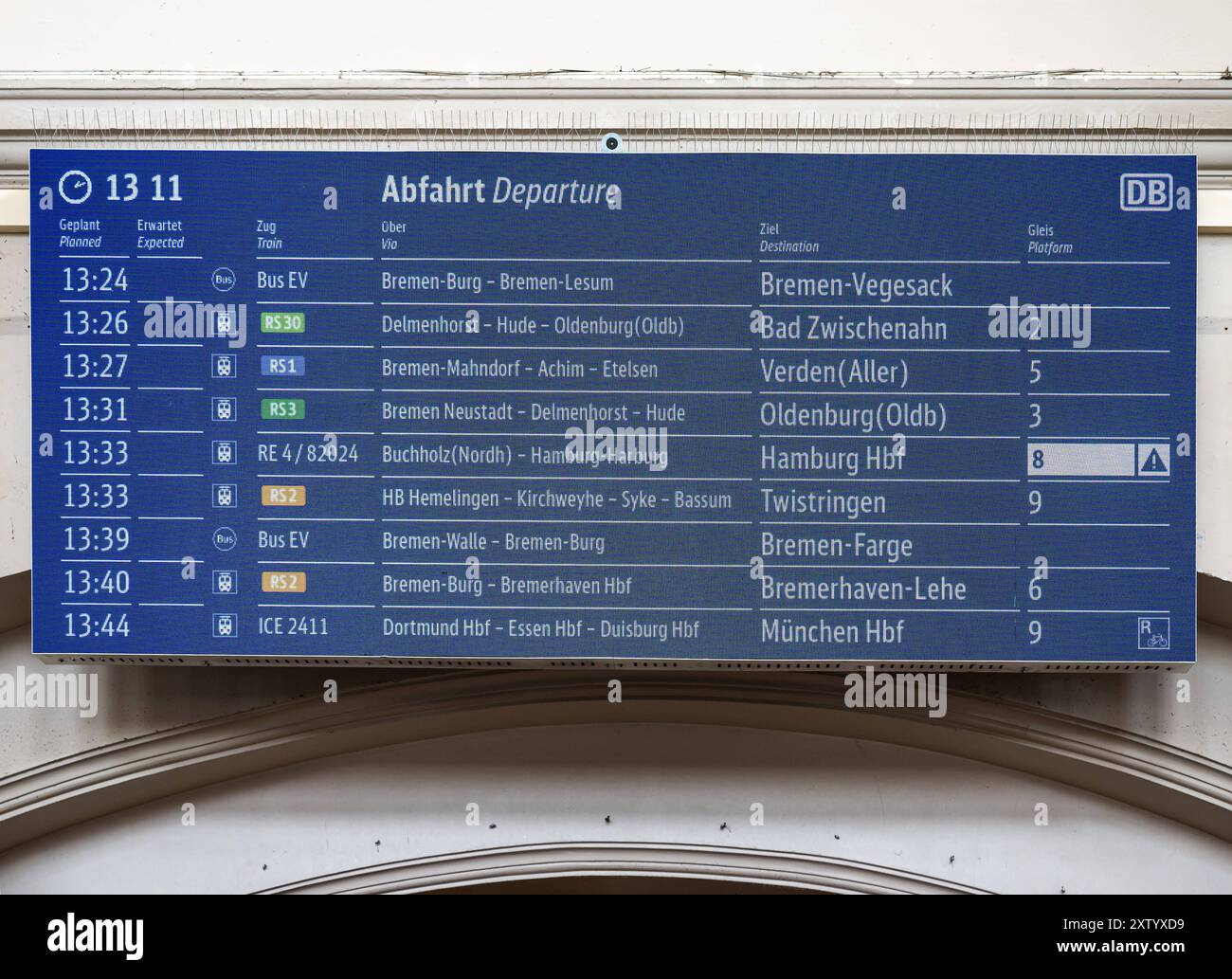 Bremen, Germany, July 16, 2024 - Digital timetable at the main railway ...