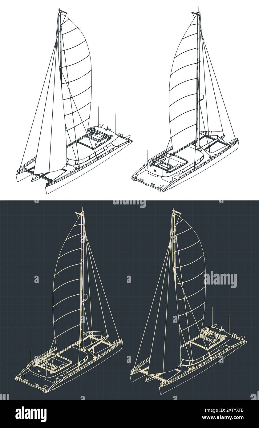 Stylized vector illustrations of isometric technical drawings of a ...