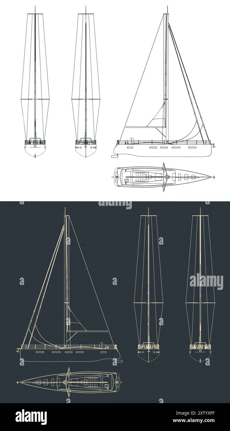 Stylized vector illustrations of technical drawings of a sailing yacht ...