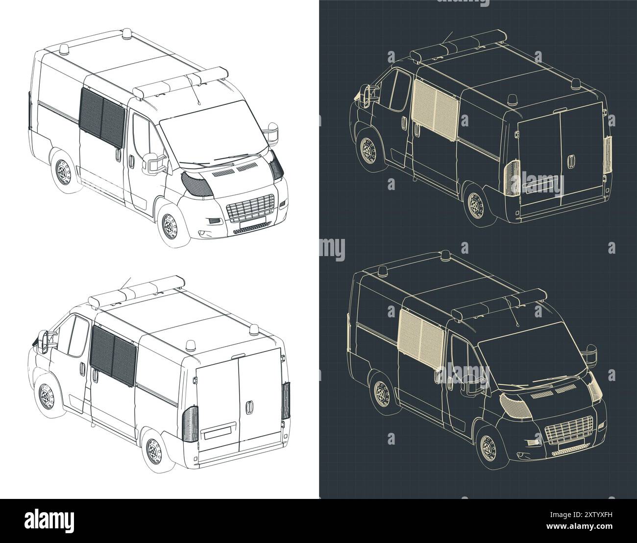 Stylized vector illustrations of isometric technical drawings of a ...
