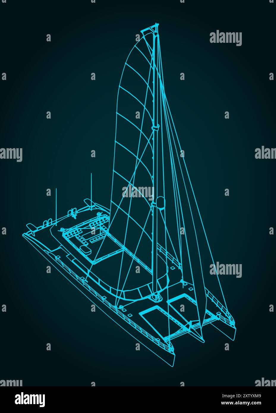 Stylized vector illustrations of technical drawings of a large sailing ...