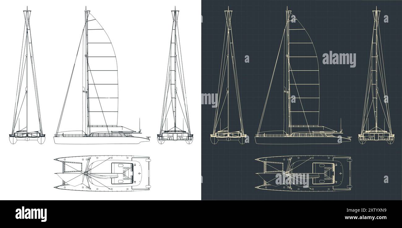 Stylized vector illustrations of technical drawings of a large sailing ...