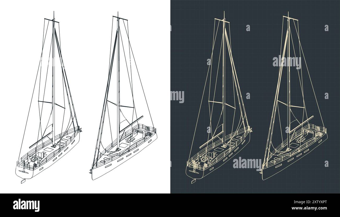 Stylized vector illustrations of isometric technical drawings of a ...