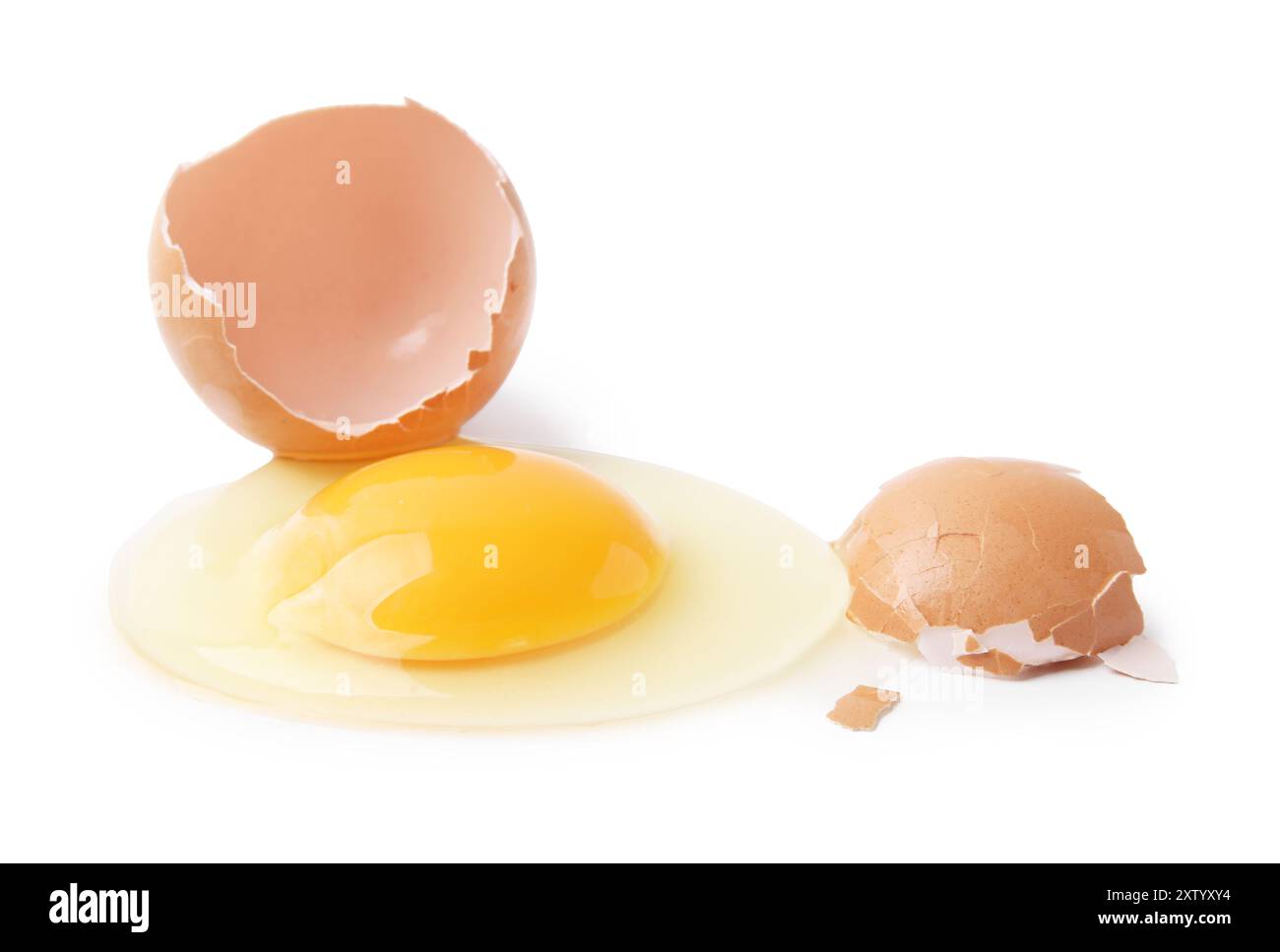 Broken raw egg and shell isolated on white Stock Photo - Alamy