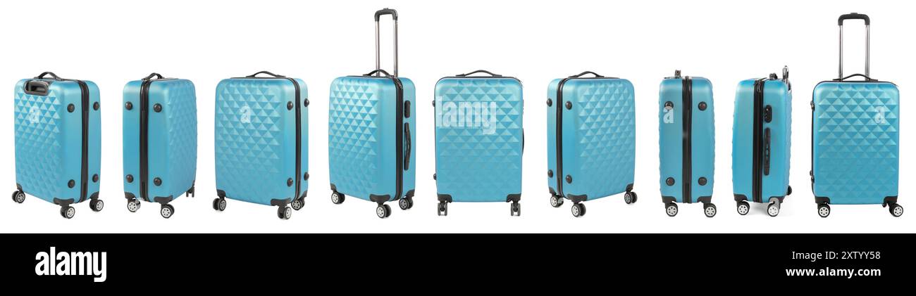 Set of light blue suitcase on white background, view from different ...