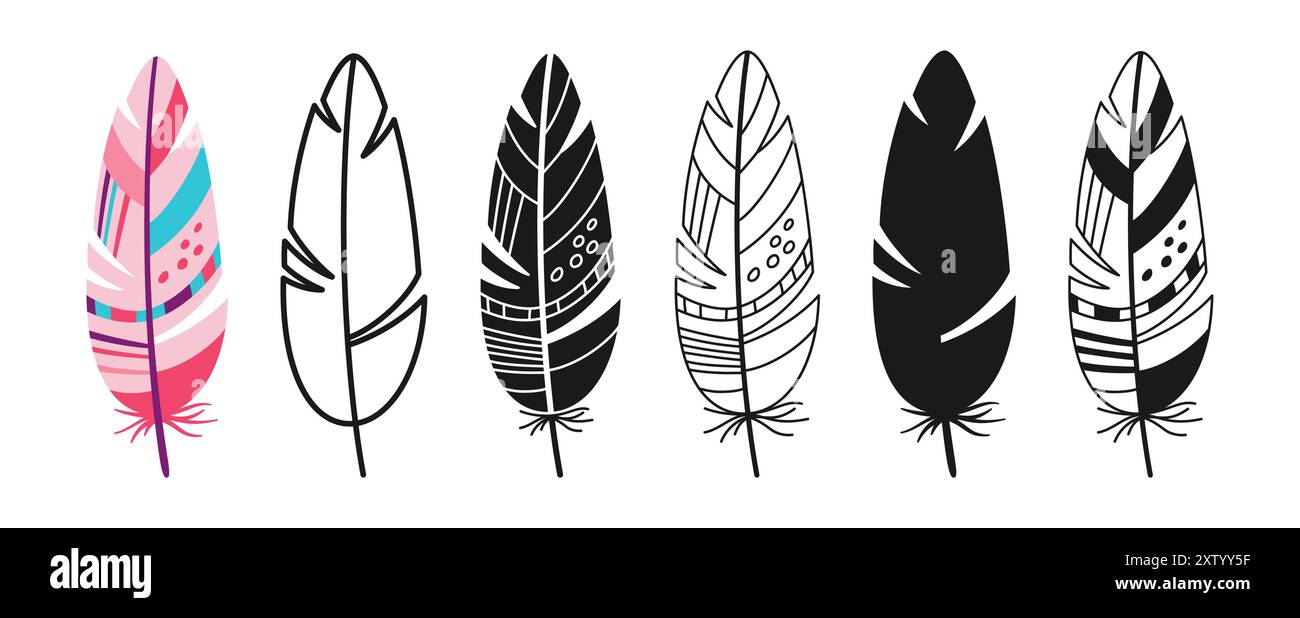 Feather linear icon, cartoon symbol set. Hand drawn colorful stylized ...