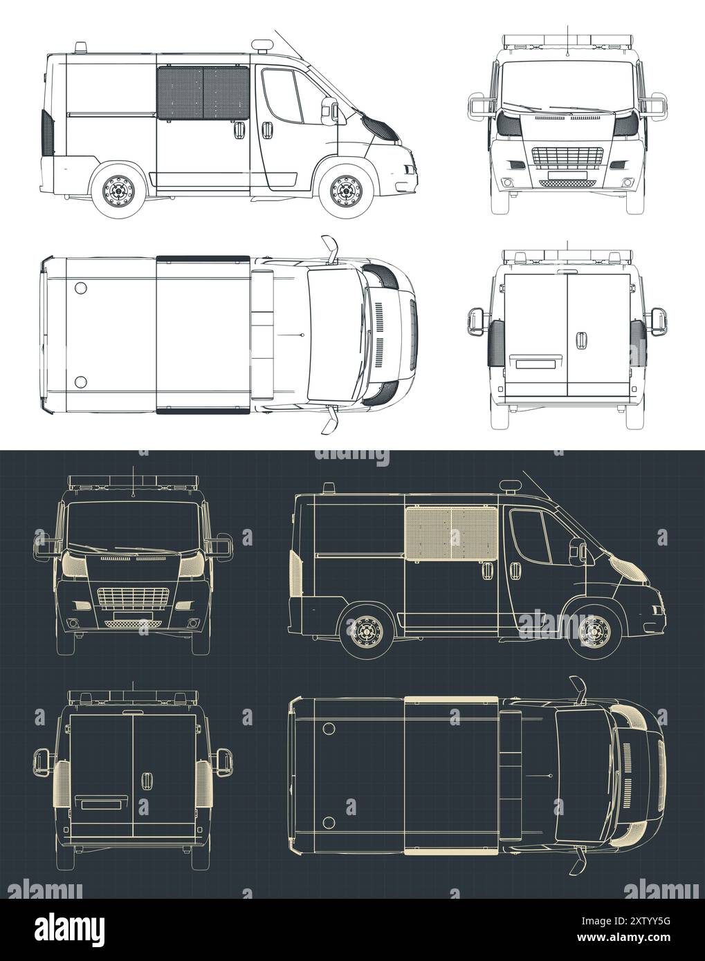 Stylized vector illustrations of technical drawings of a police van ...