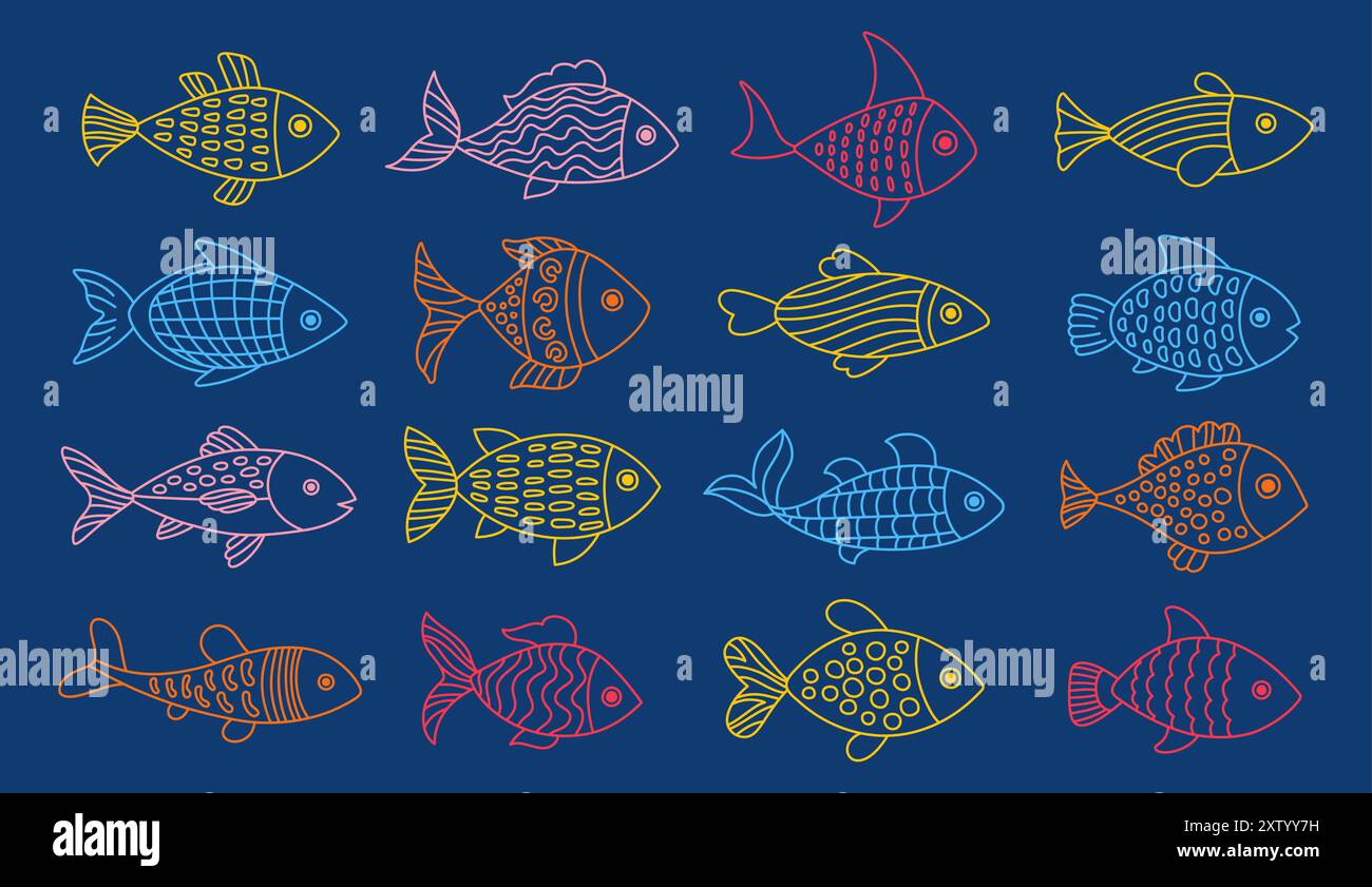 Sea fish doodle cartoon set. Outline cute fish with hand drawn ornament ...