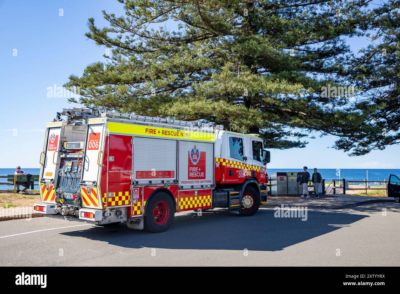 Australian Fire Brigade fire engine parked at Mona Vale beach in Sydney ...