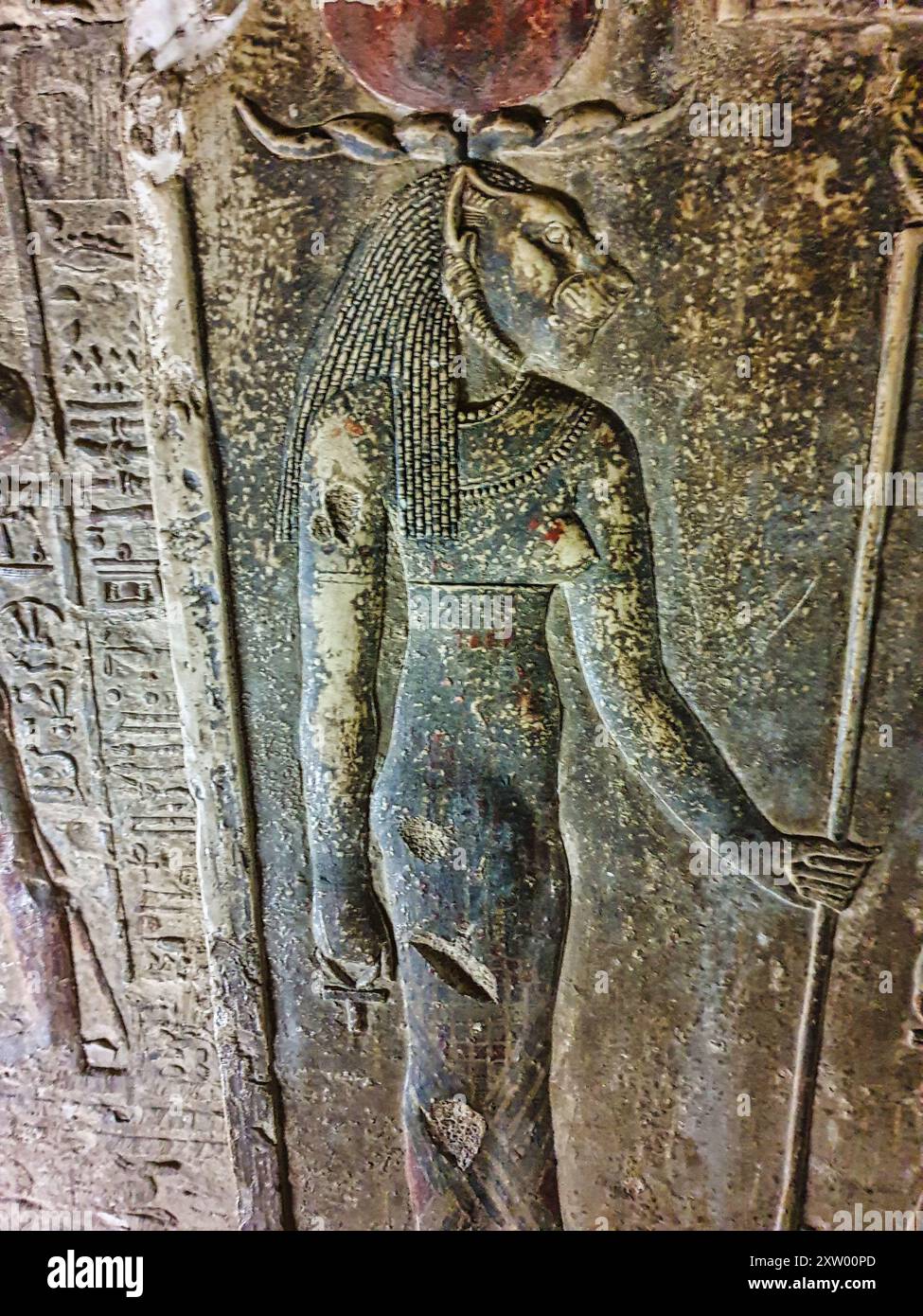 Close up of Ram Headed God Khnum in the crypts in the Temple of Hathor ...