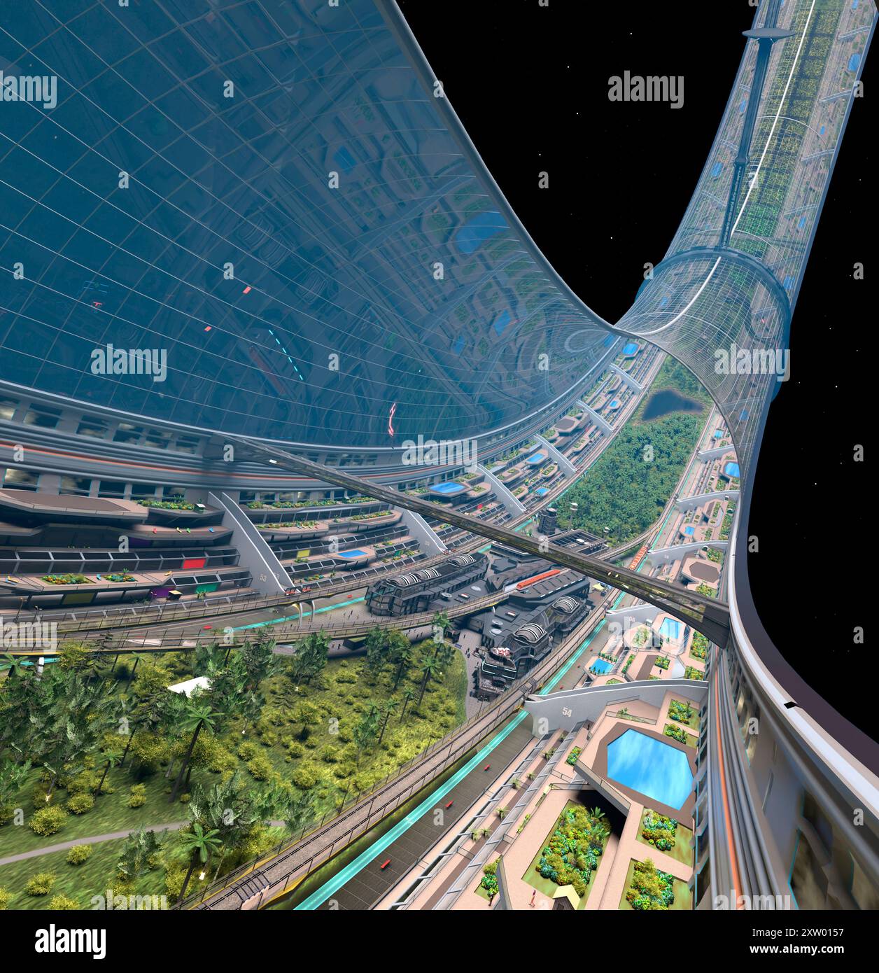 Artwork of the interior of a Stanford Torus. This is a design for a space station proposed by ...
