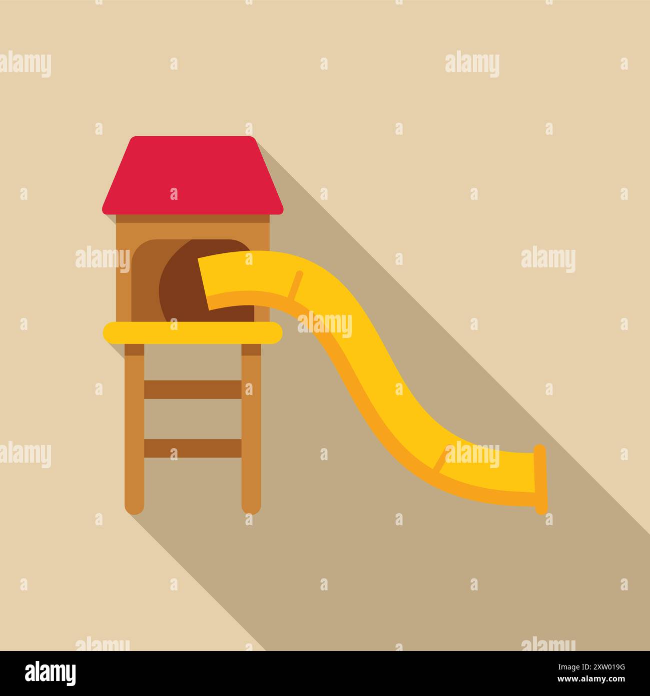 Colorful playground slide is attached to a small wooden playhouse ...