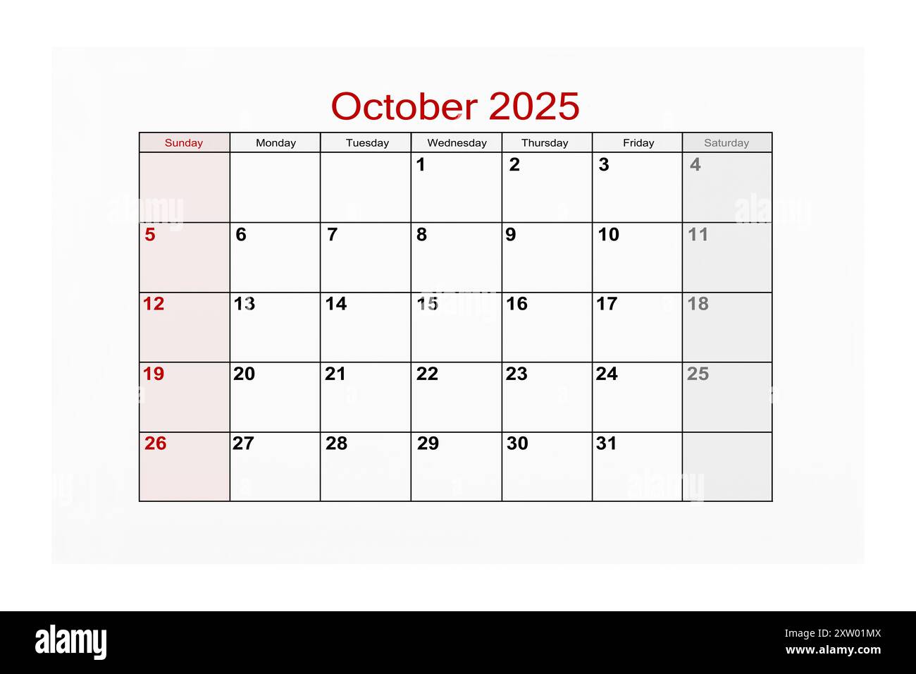 October 2025 Calendar page for 2025 year isolated on white background ...