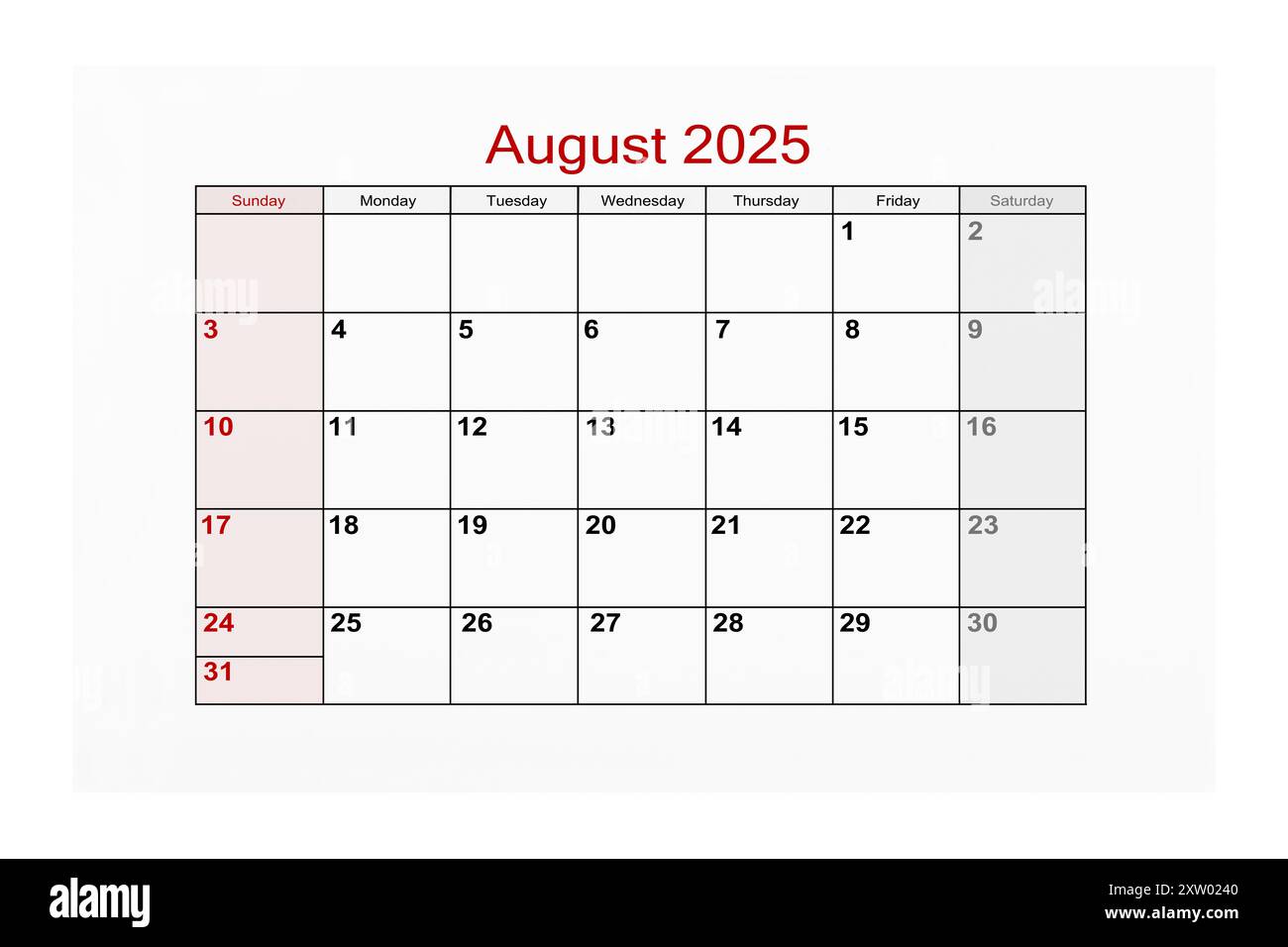 August 2025 Calendar page for 2025 year isolated on white background ...