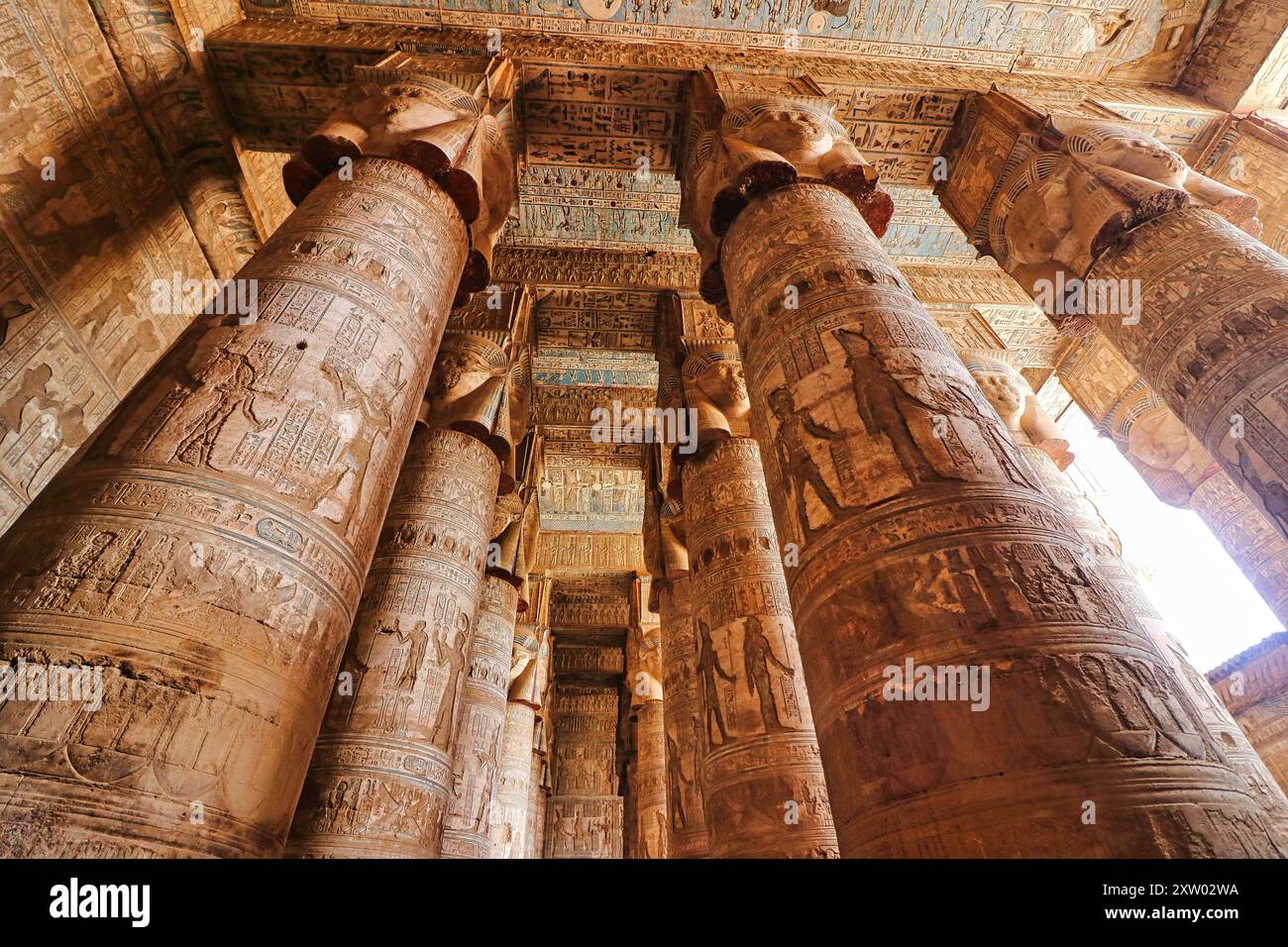 Superbly decorated columns topped by four-faced Hathor Heads and ...