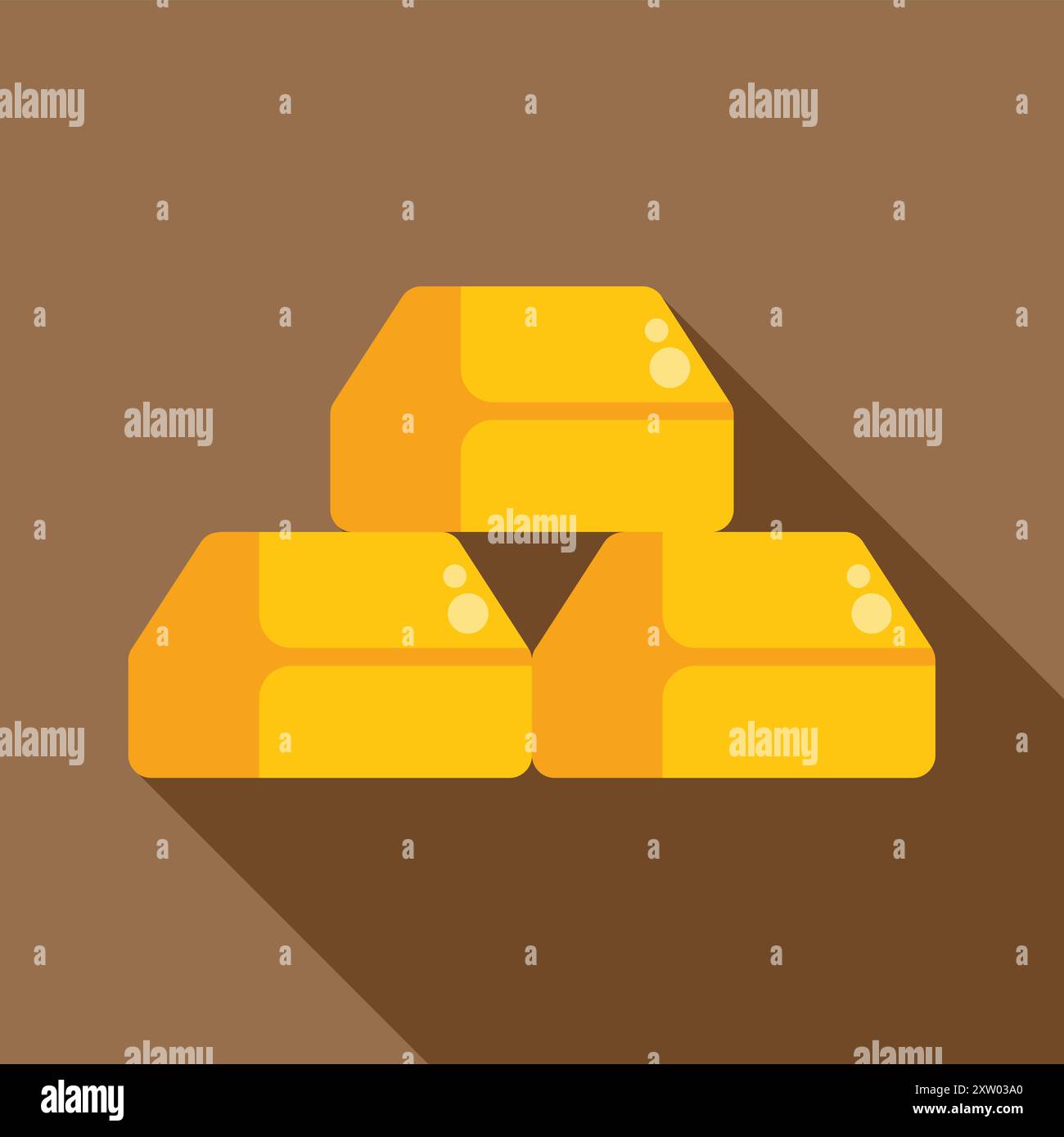 Three gold bars are stacked and casting a long shadow on a brown ...