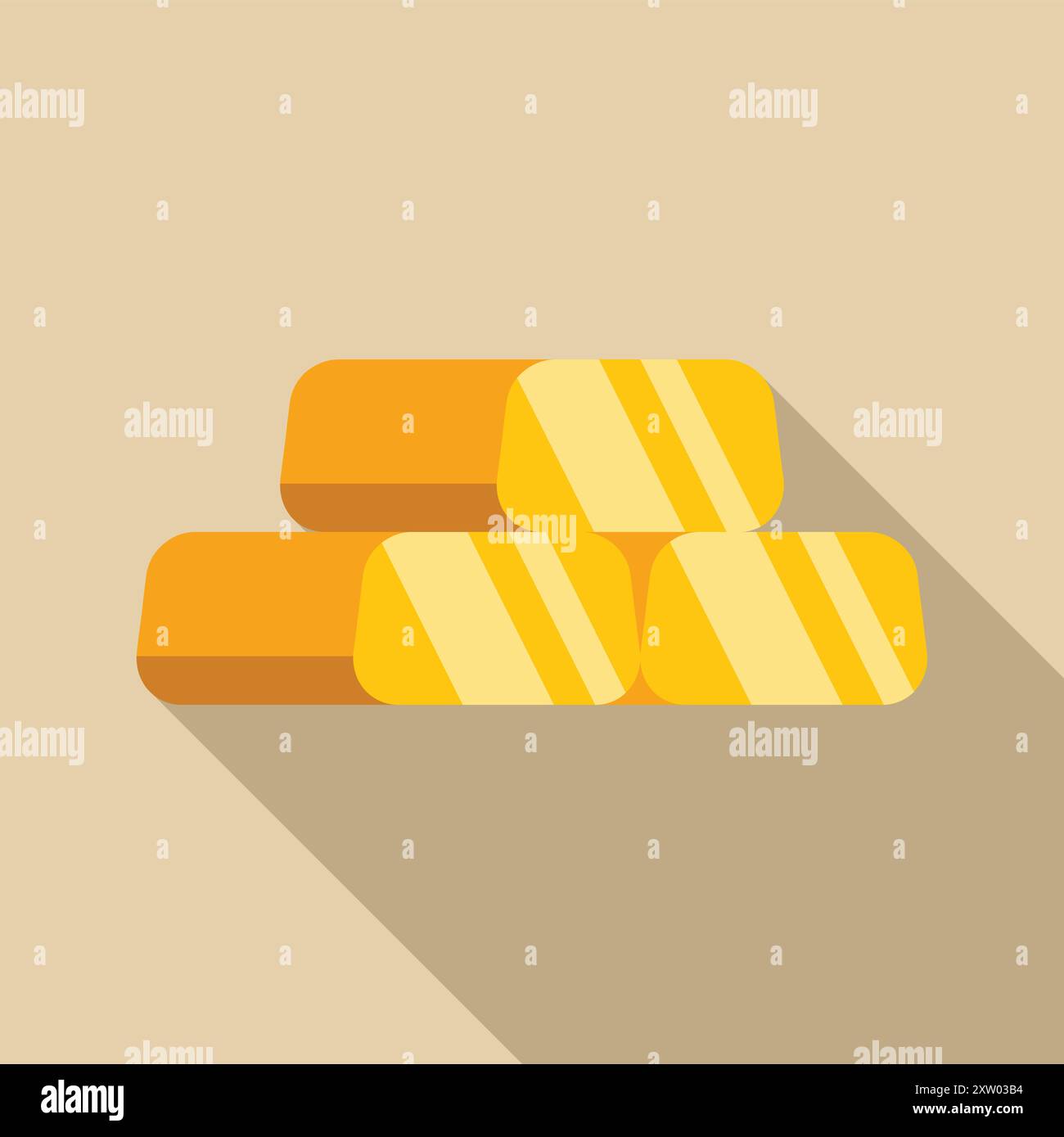 Three gold bars stacked on top of each other casting a long shadow on a tan background Stock ...